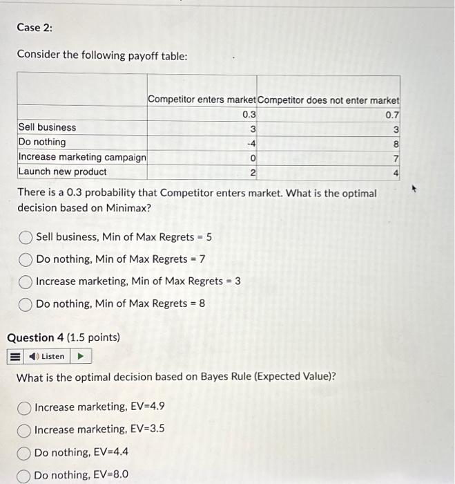 Solved Case 2: Consider the following payoff table: There is | Chegg.com