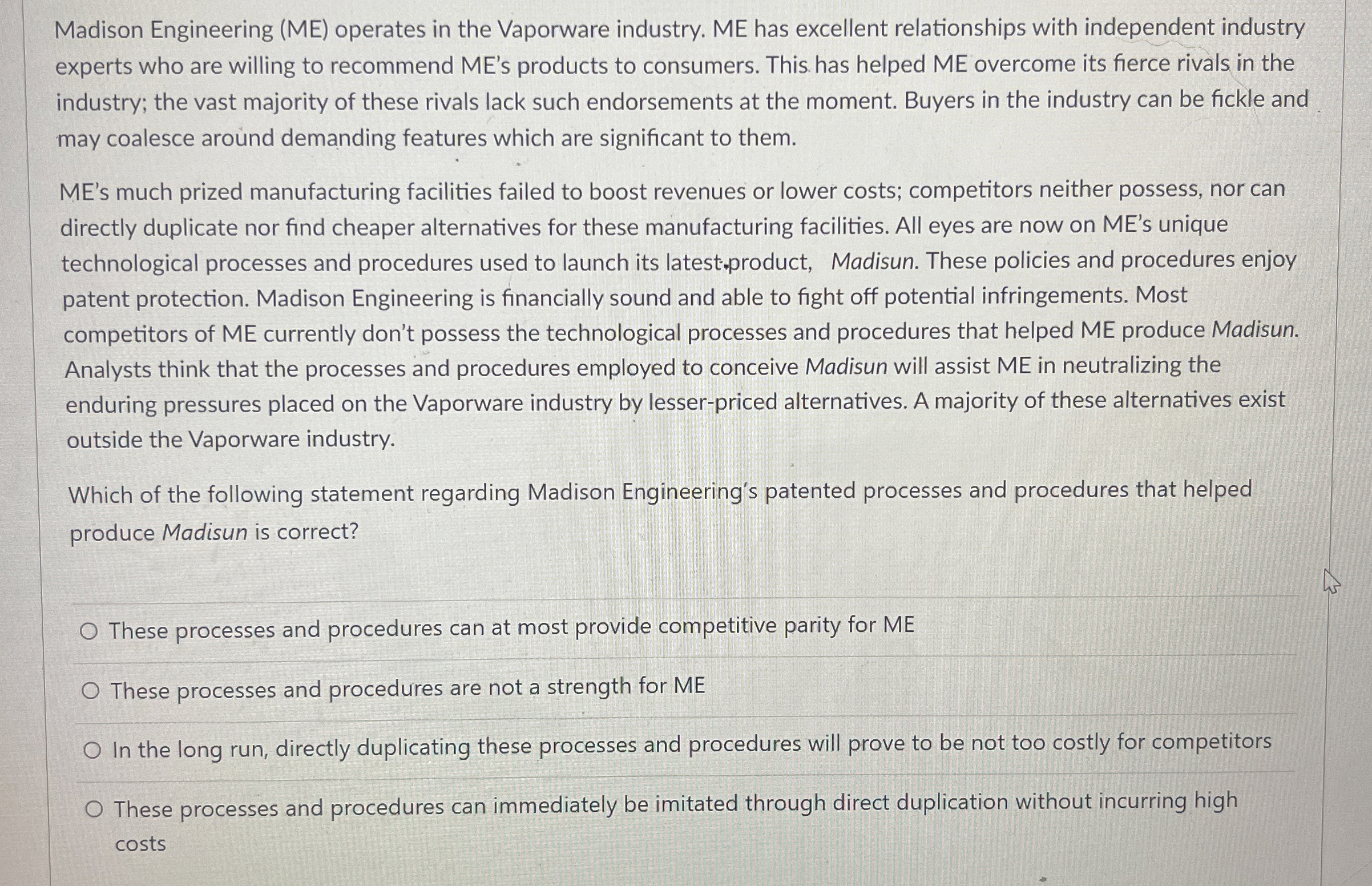 Solved Madison Engineering (ME) ﻿operates in the Vaporware | Chegg.com