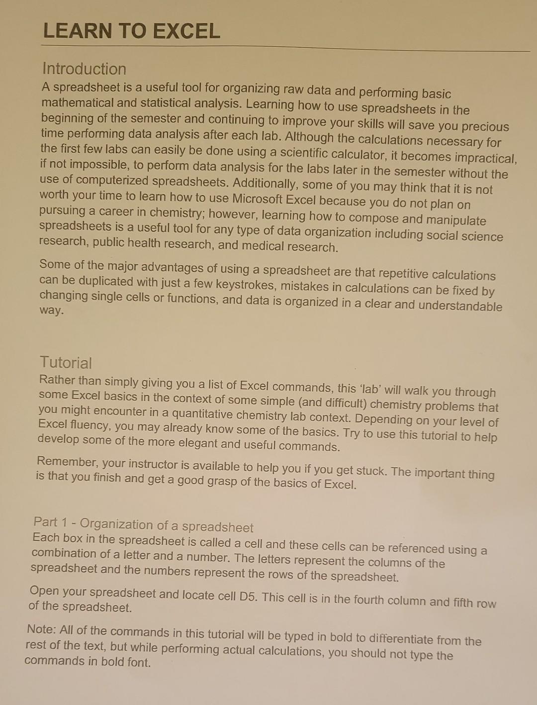 Solved LEARN TO EXCEL Introduction A spreadsheet is a useful | Chegg.com