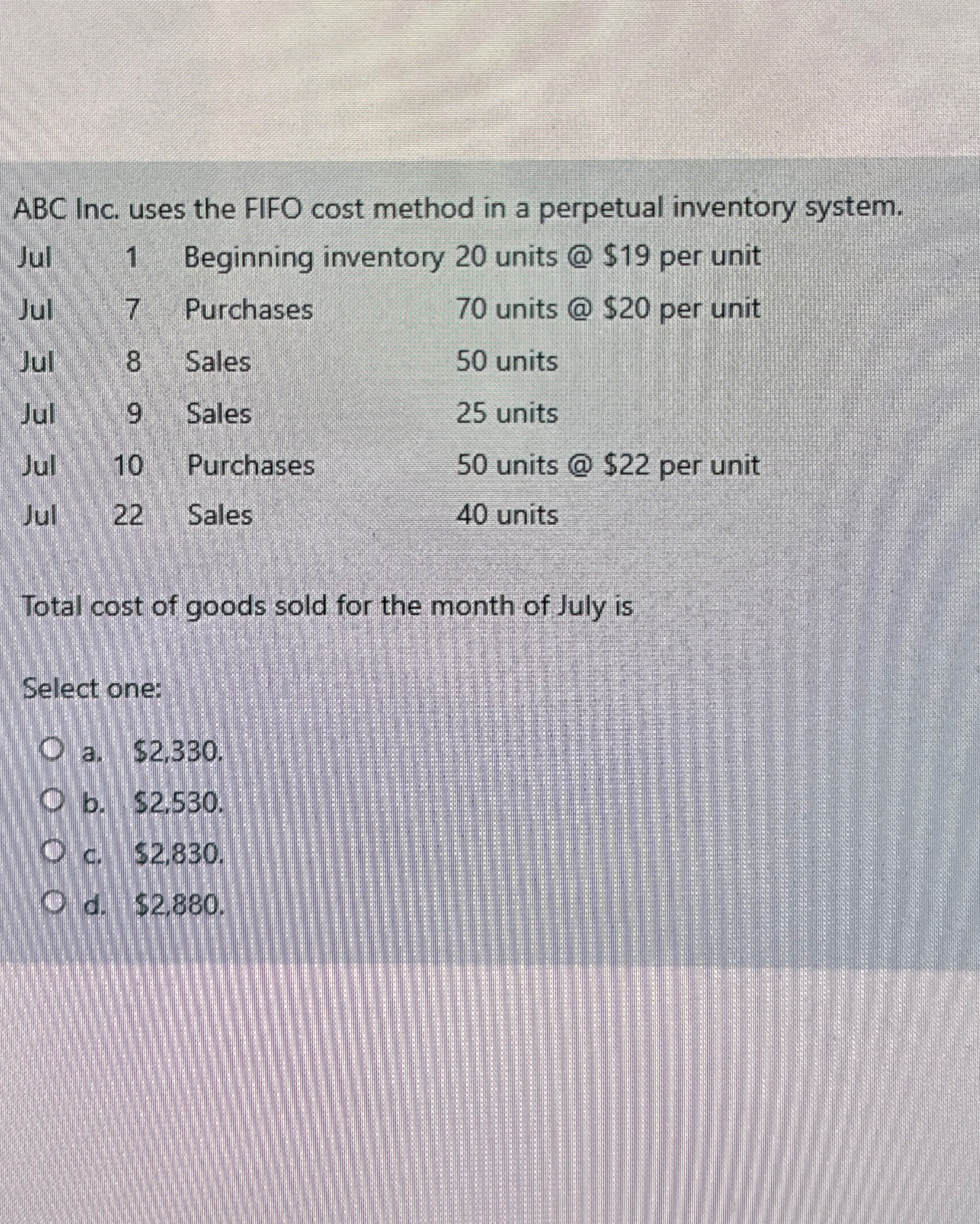 Solved ABC Inc. uses the FIFO cost method in a perpetual | Chegg.com