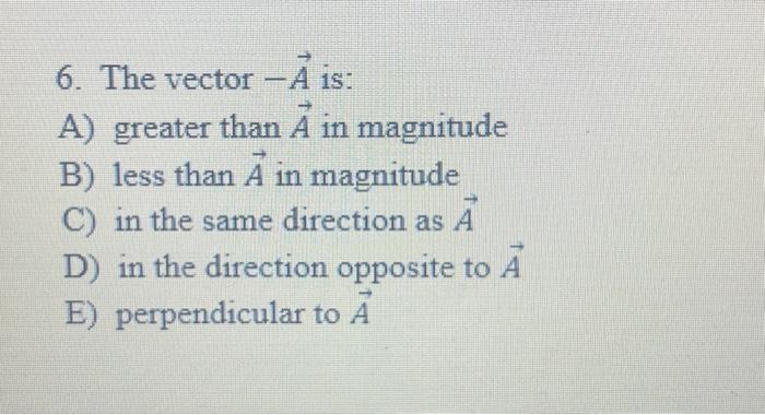 Solved 6. The vector −A is: A) greater than A in magnitude | Chegg.com