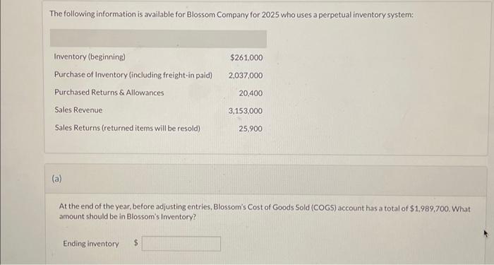Solved The following information is available for Blossom | Chegg.com