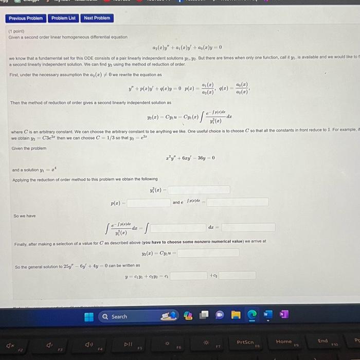 (1 point) Given a second order thear homogeneous | Chegg.com