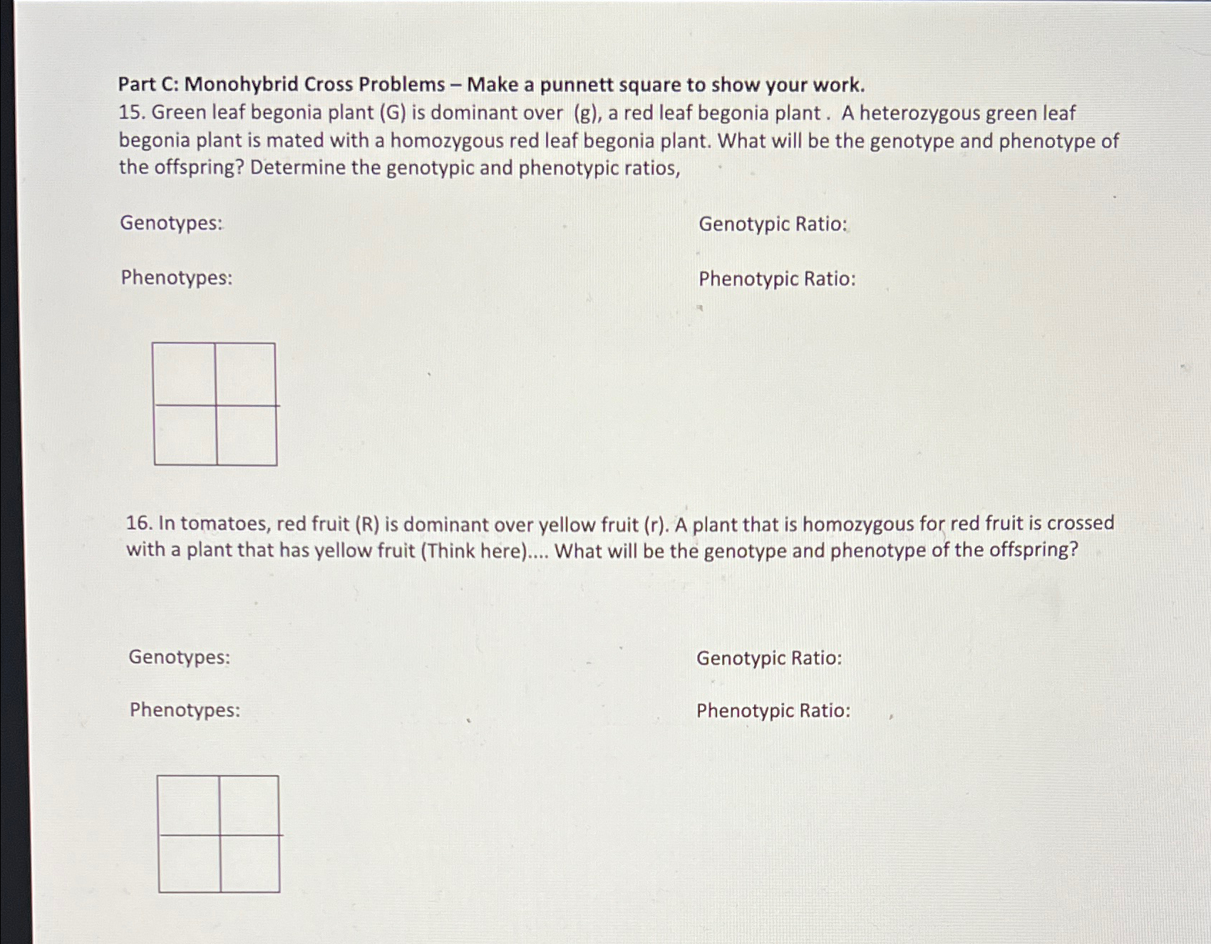 Solved Part C: Monohybrid Cross Problems - ﻿Make a punnett | Chegg.com