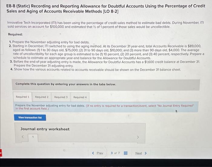 Solved E8-8 (Static) Recording and Reporting Allowance for | Chegg.com
