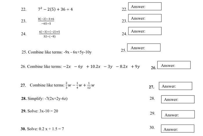 Solved 22. 72−2(5)+36÷4 22. 23. −65÷58(−2)−3+6 23. 24. | Chegg.com