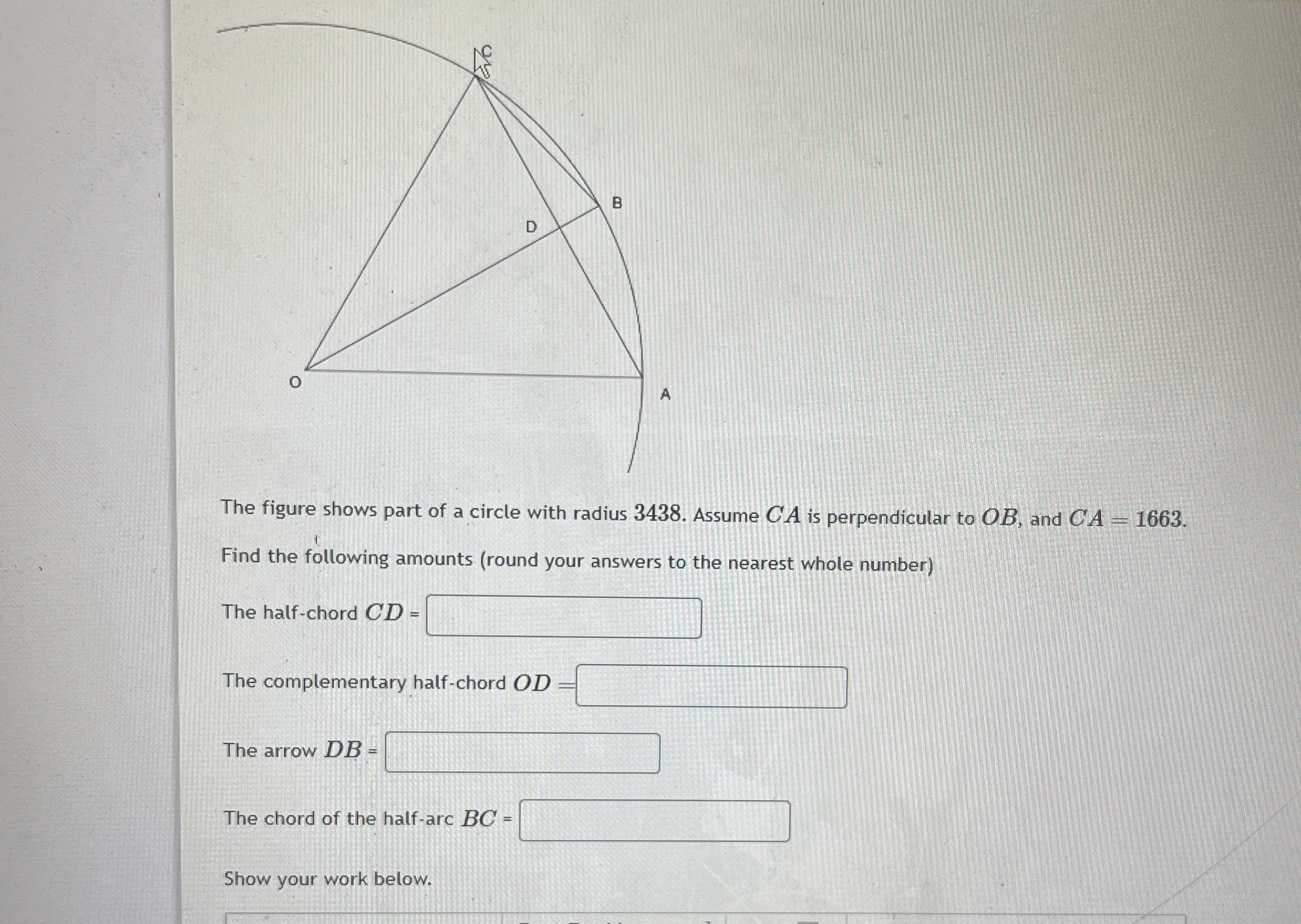 Solved The figure shows part of a circle with radius 3438. | Chegg.com