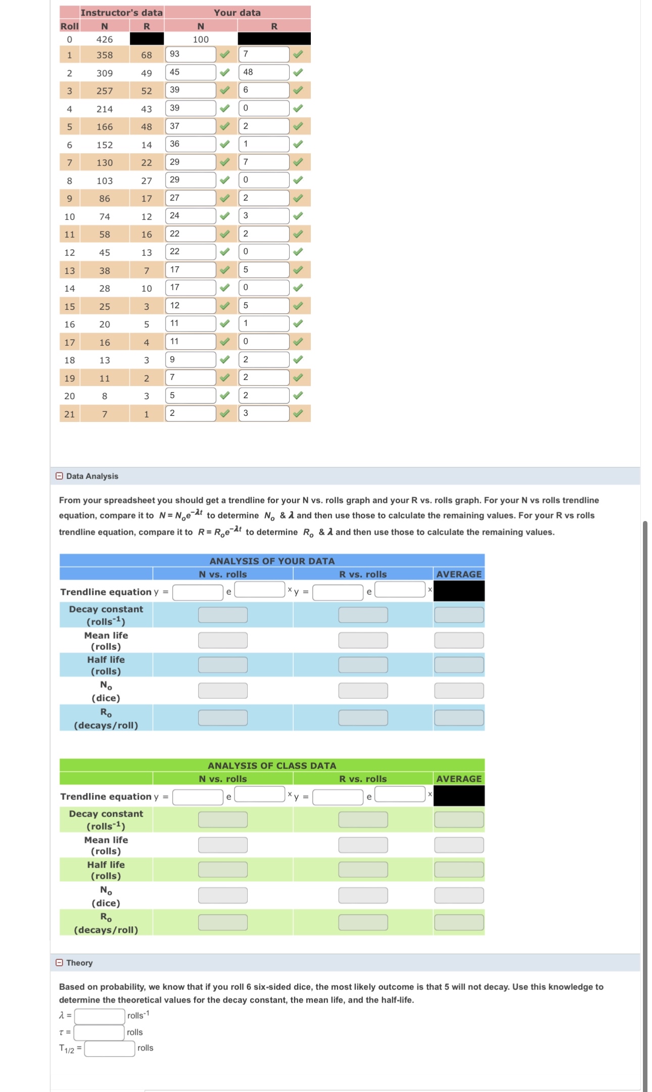 Solved \table[[Instructor's data,Your | Chegg.com