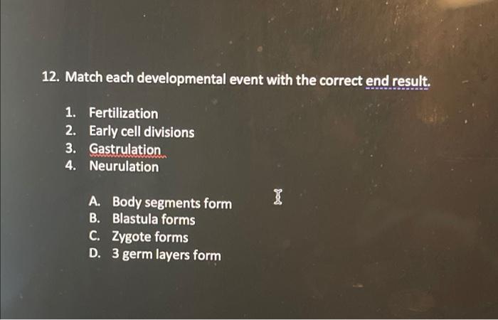 Solved 12. Match each developmental event with the correct | Chegg.com