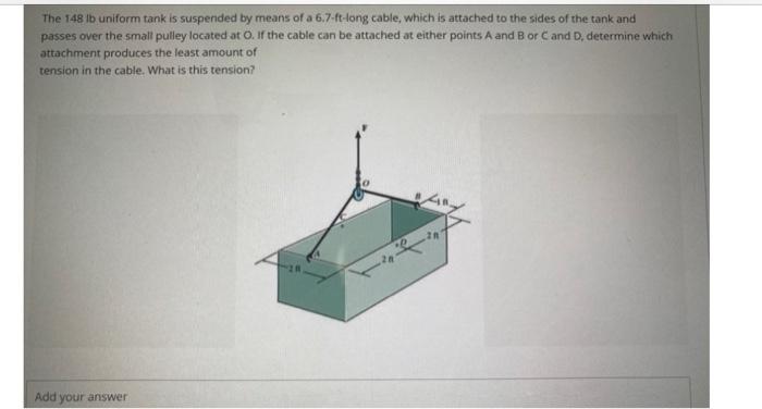 Solved The 148lb uniform tank is suspended by means of a | Chegg.com