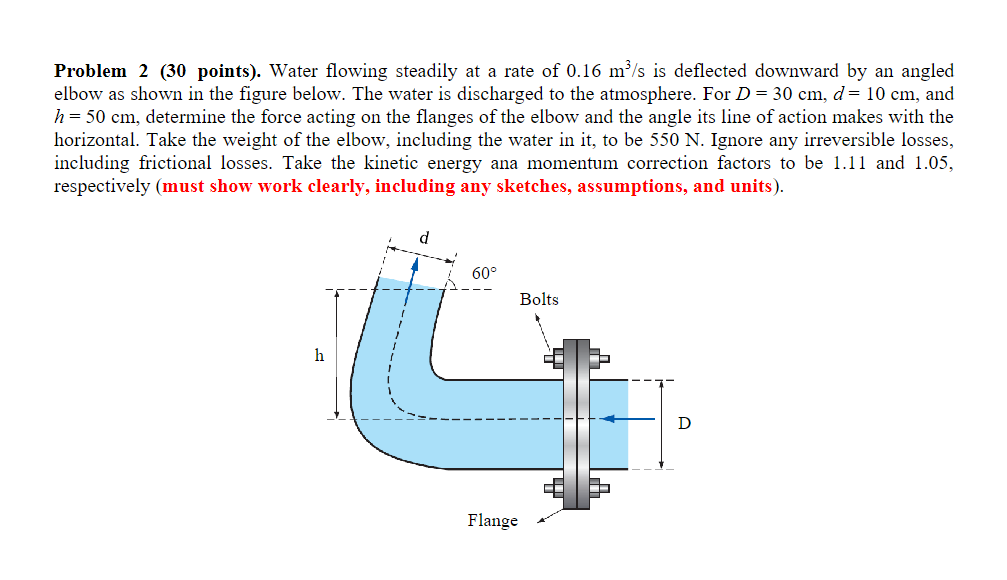 Solved Problem 2 (30 ﻿points). ﻿Water flowing steadily at a | Chegg.com