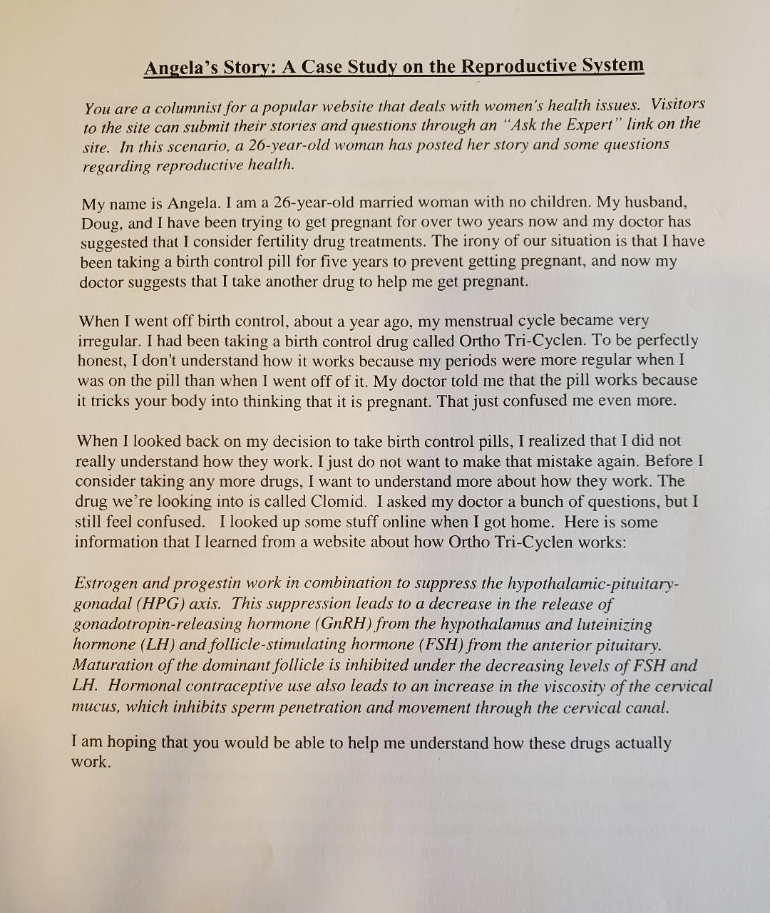 Solved Angela's Story: A Case Study on the Reproductive | Chegg.com