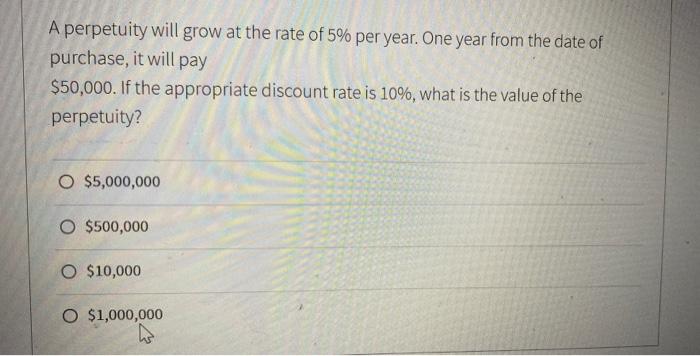 Solved A perpetuity will grow at the rate of 5% per year. | Chegg.com