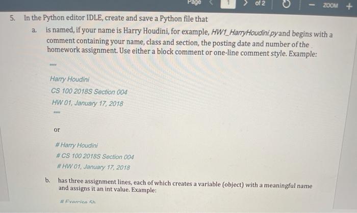 Solved of 2 ZOOM + 5. In the Python editor IDLE, create and | Chegg.com