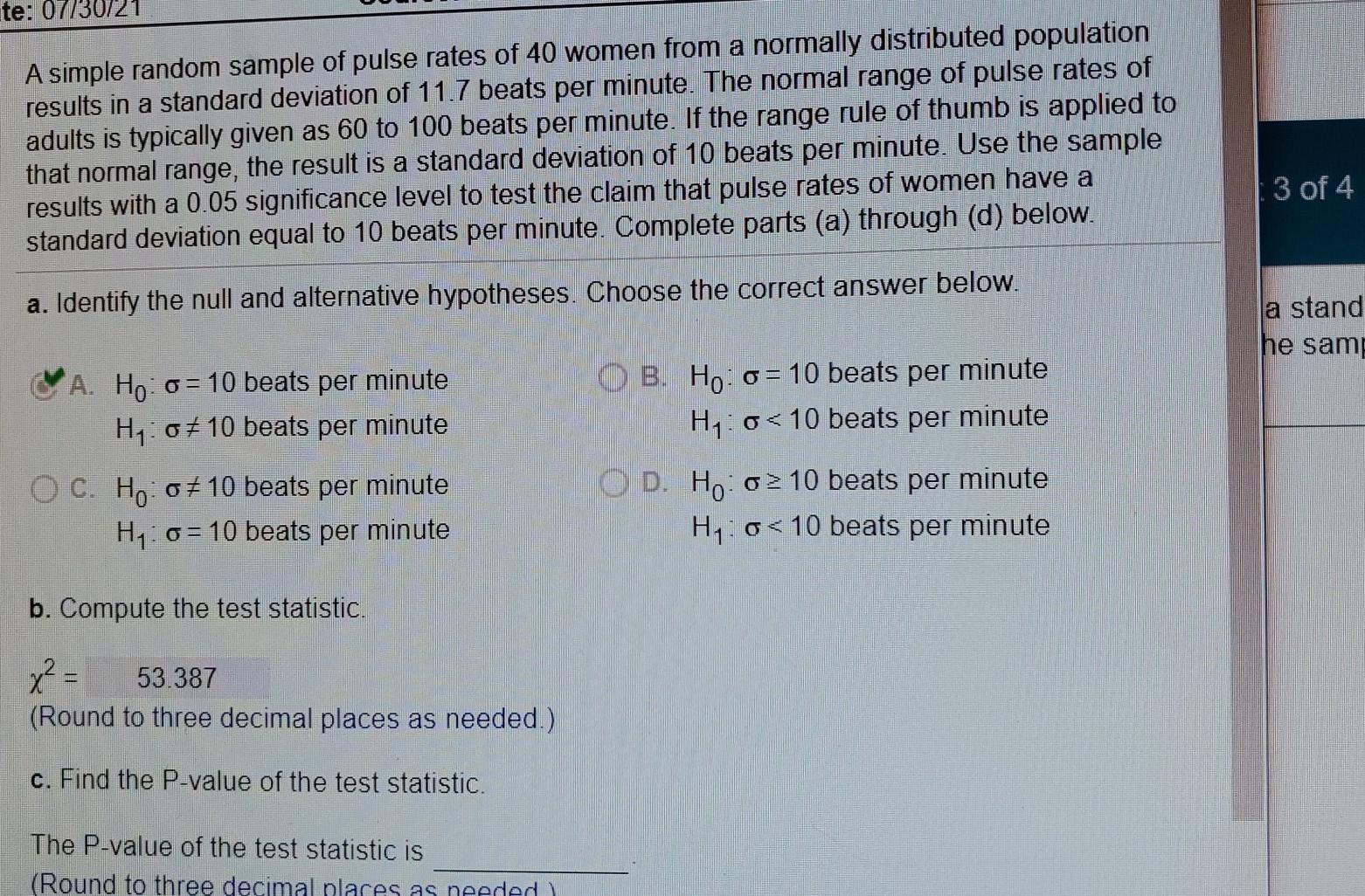 Solved te: 07/30721 A simple random sample of pulse rates of | Chegg.com