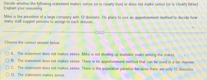 Solved Decide whether the following statement makes sense | Chegg.com