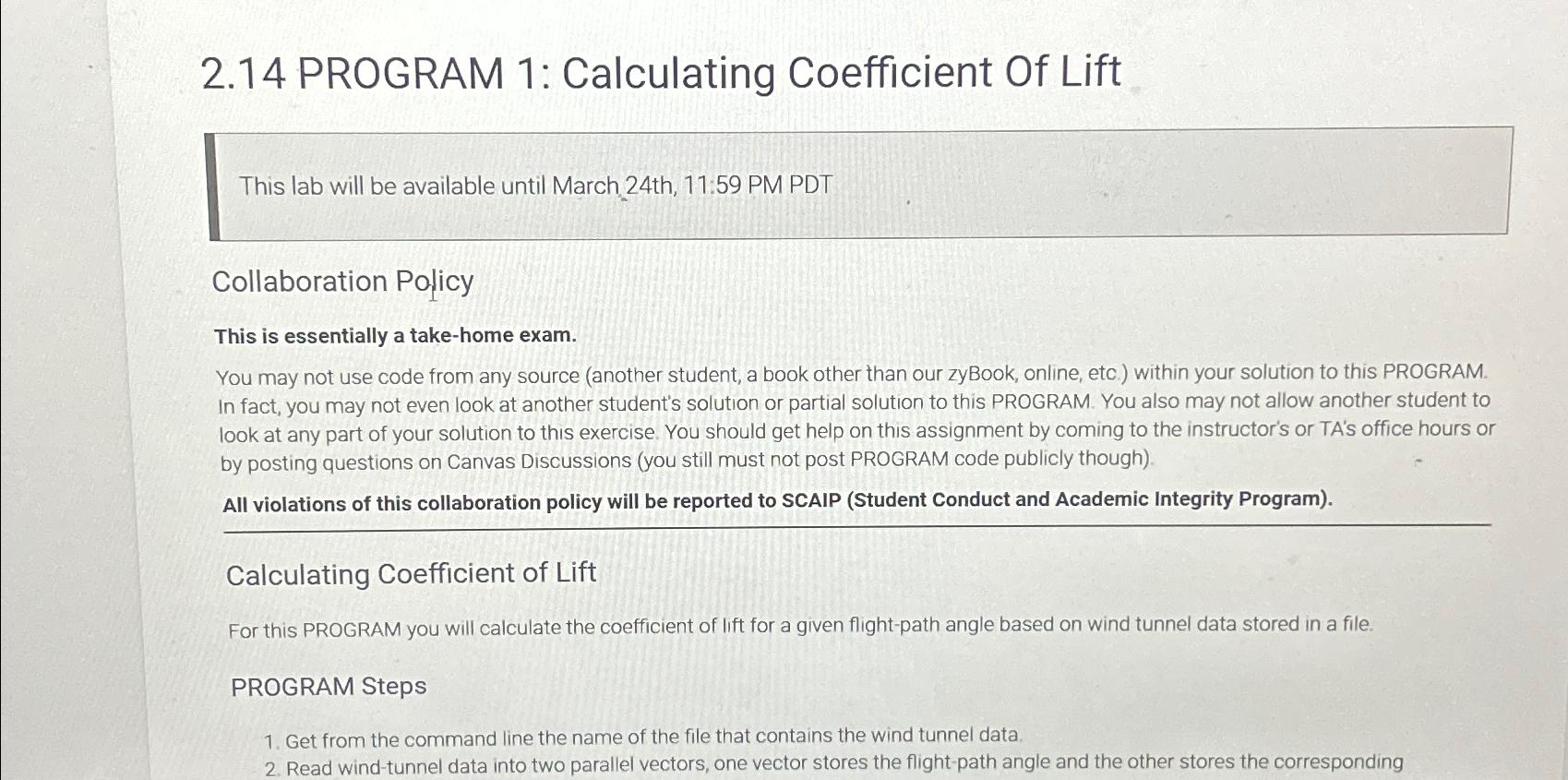 Solved 2.14 ﻿PROGRAM 1: Calculating Coefficient Of LiftThis | Chegg.com
