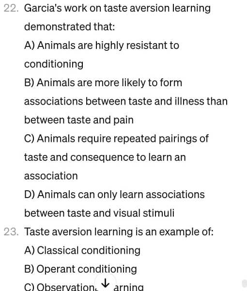 Solved Garcia's work on taste aversion learning demonstrated | Chegg.com