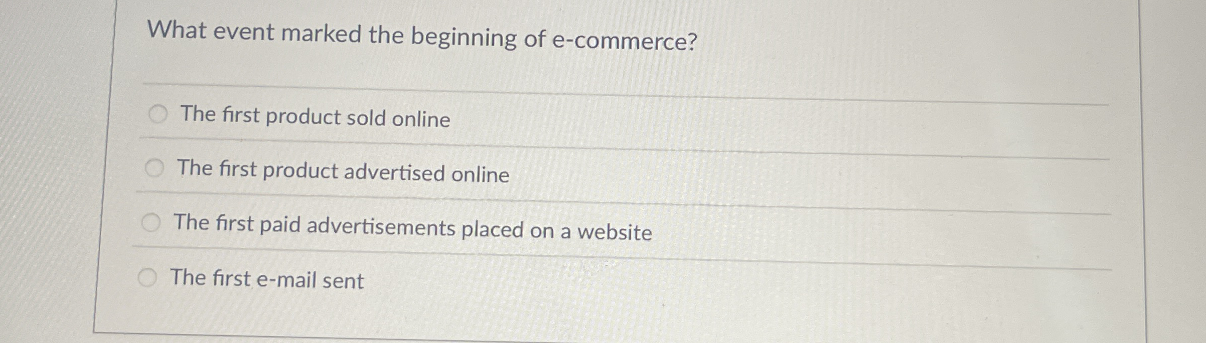 Solved What event marked the beginning of e-commerce?q,The | Chegg.com
