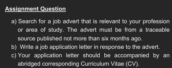 Assignment Questiona) ﻿Search for a job advert that | Chegg.com