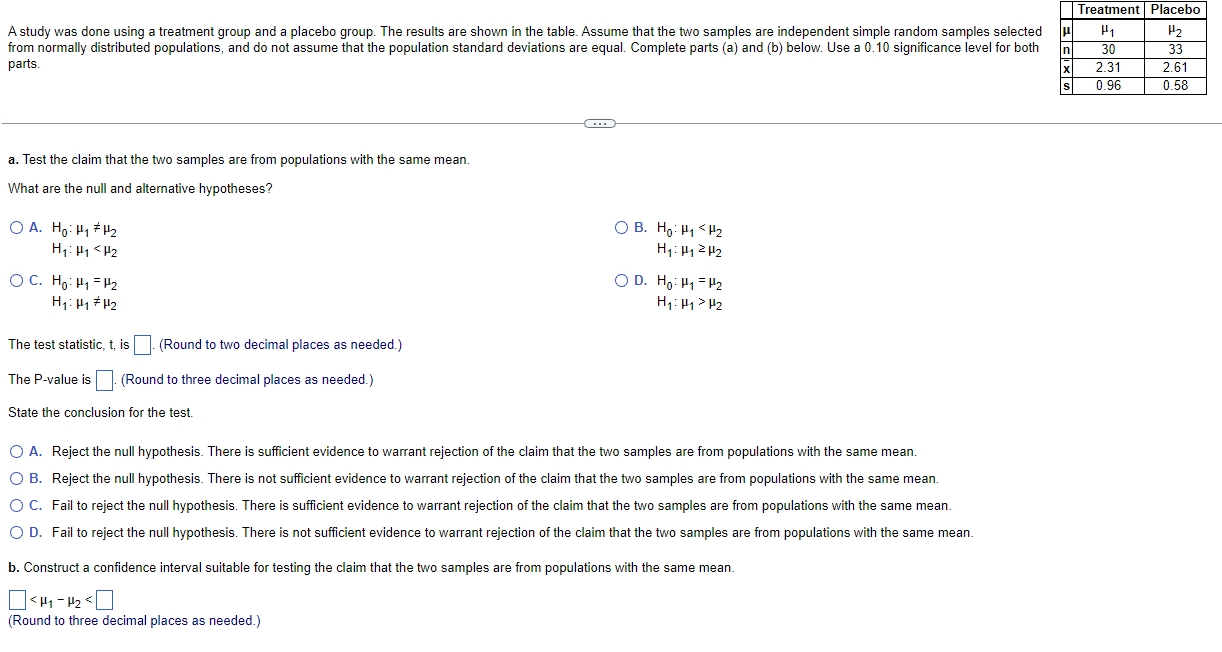 Solved A study was done using a treatment group and a | Chegg.com