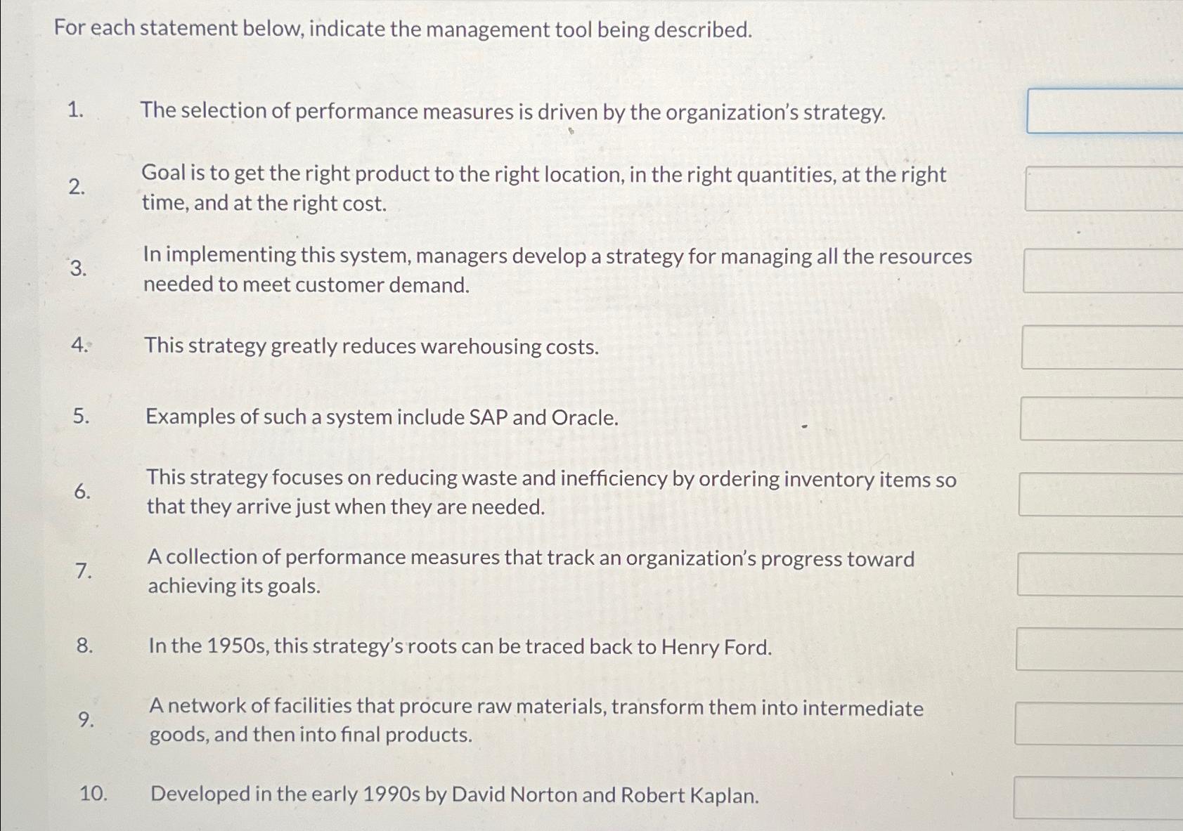 Solved For each statement below, indicate the management | Chegg.com