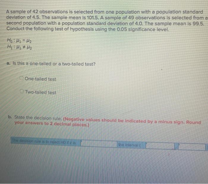 Solved A sample of 42 observations is selected from one | Chegg.com