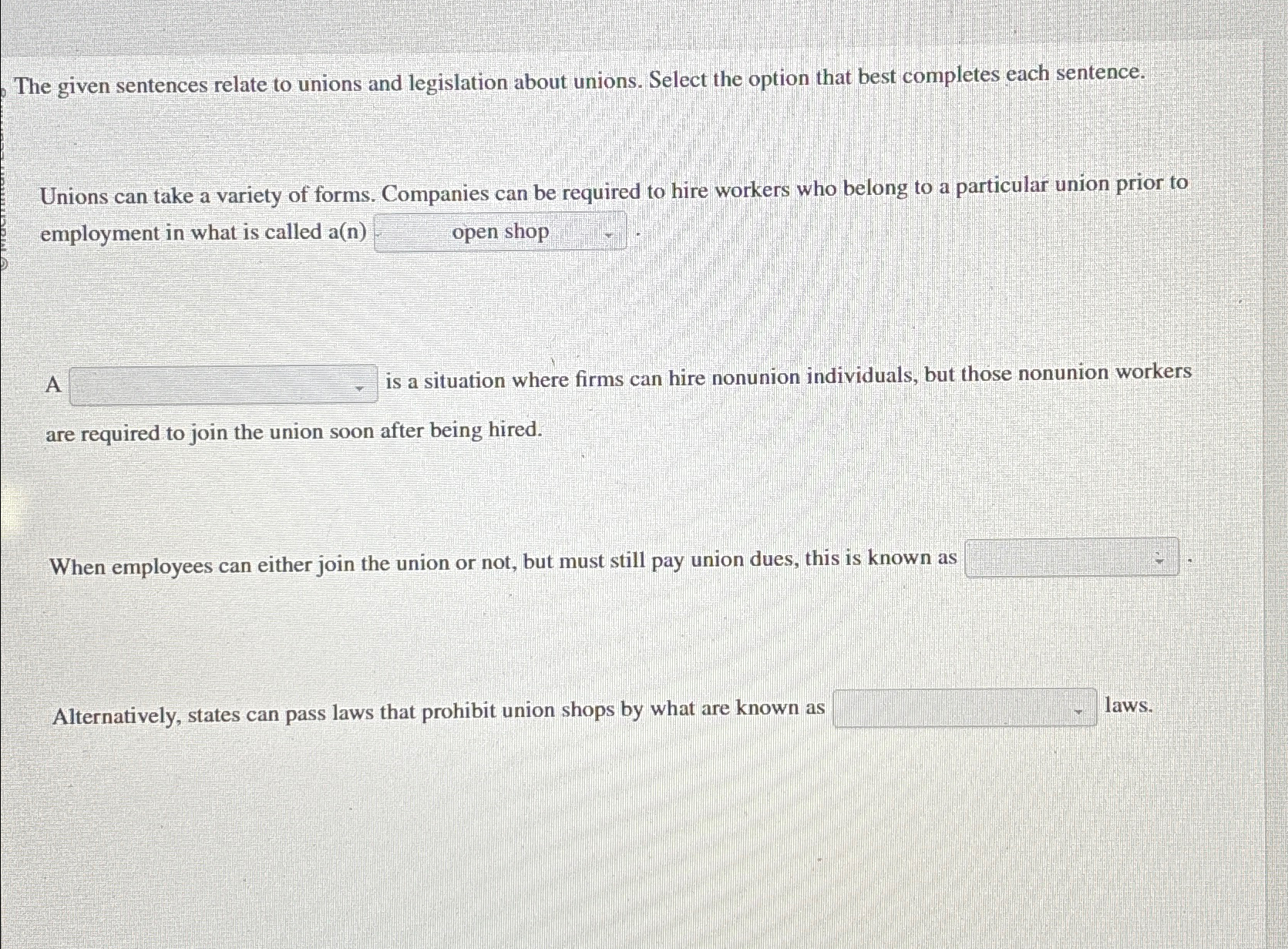 Solved The given sentences relate to unions and legislation | Chegg.com