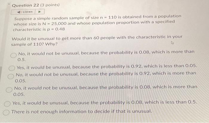 Solved Suppose a simple random sample of size n=110 is | Chegg.com