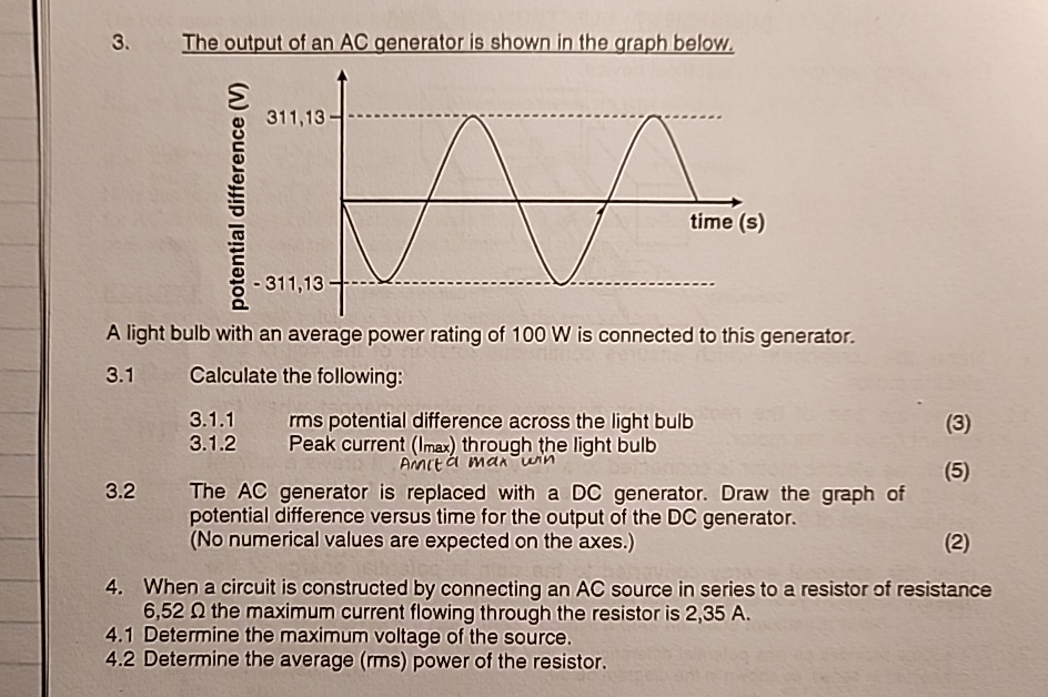 Solved The output of an AC ﻿generator is shown in the graph | Chegg.com