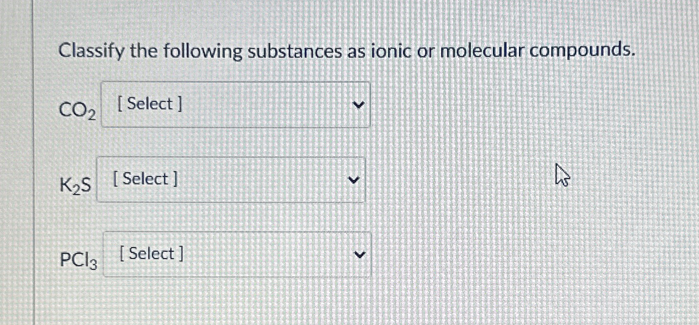 Solved Classify the following substances as ionic or | Chegg.com