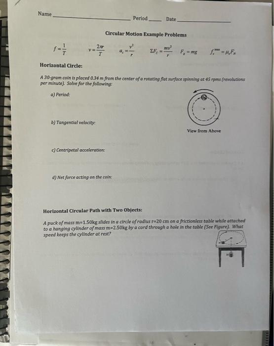 Solved Name Period Date Circular Motion Example Problems | Chegg.com