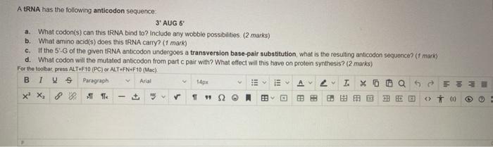 Solved A tRNA has the following anticodon sequence 3' AUG 6 | Chegg.com
