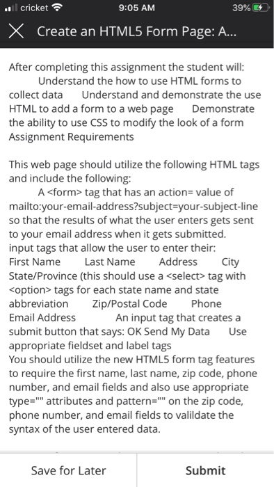 Solved . cricket 9:05 AM 39% x Create an HTML5 Form Page: | Chegg.com