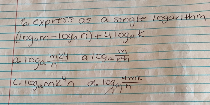 Solved C. express as a single logarithm (logam-logan) + 4 | Chegg.com