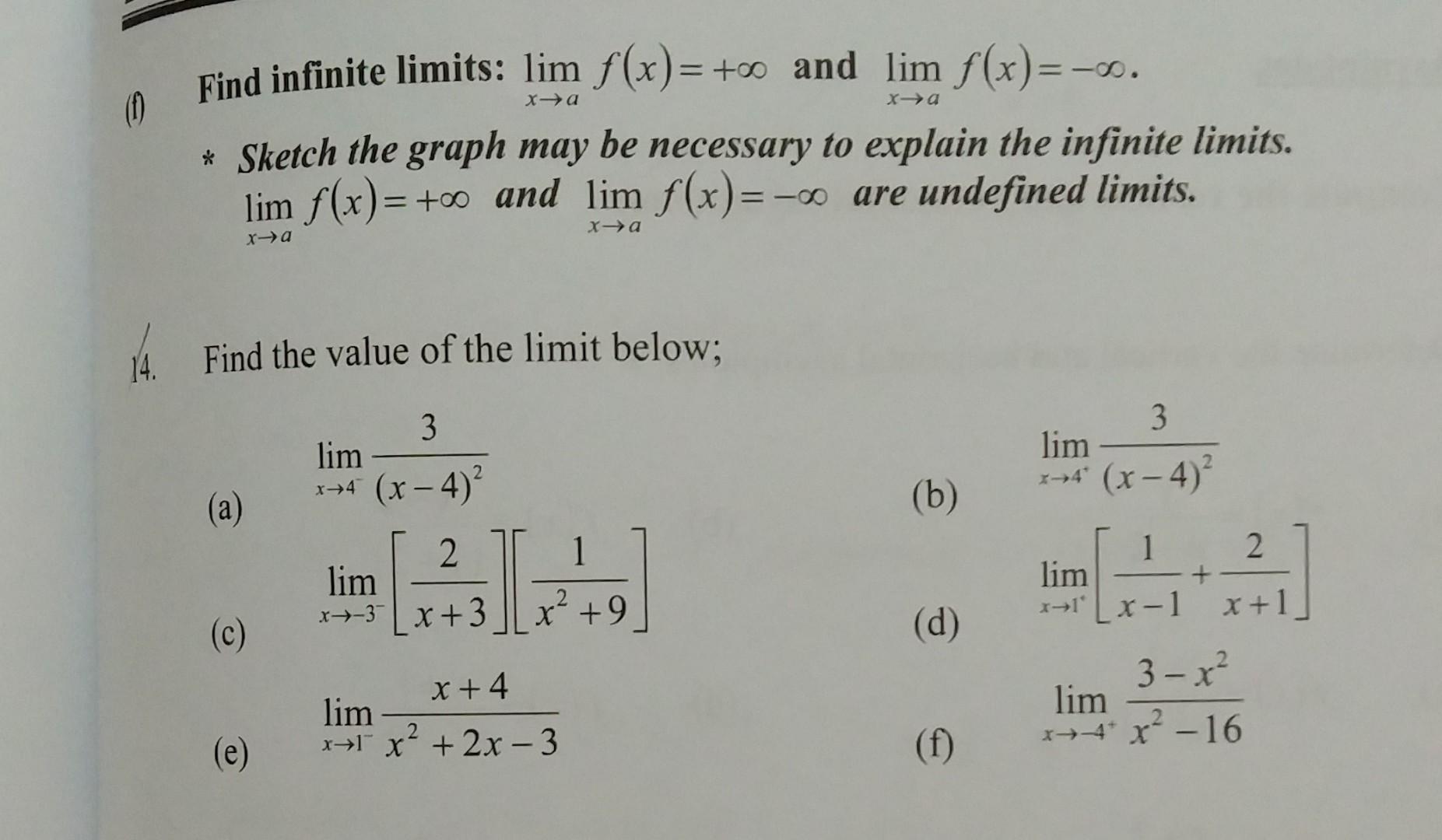 Solved (f) Find infinite limits: limx→af(x)=+∞ and | Chegg.com