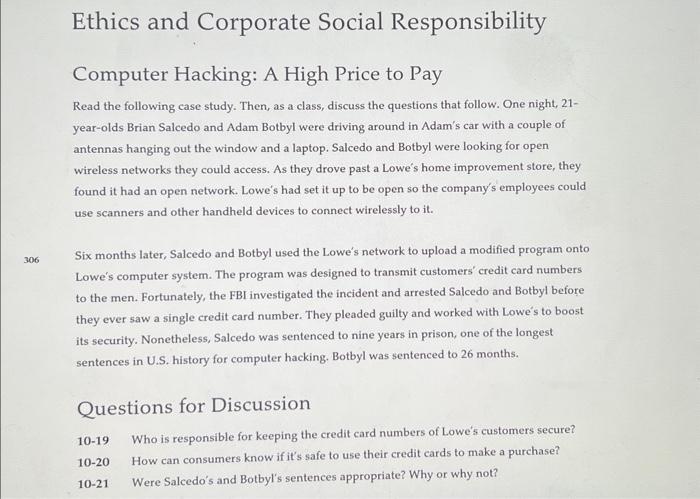 Ethics and Corporate Social Responsibility Computer | Chegg.com