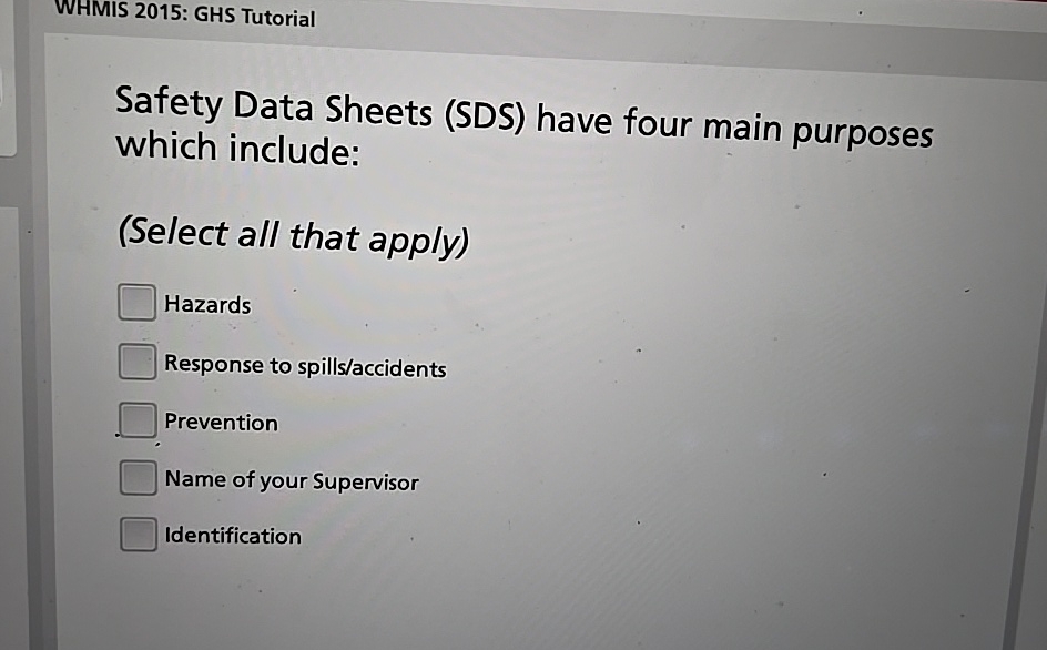 Solved WHMIS 2015: GHS TutorialSafety Data Sheets (SDS) | Chegg.com