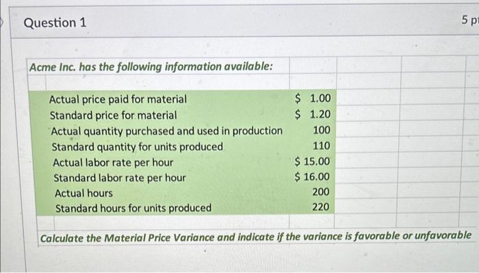 Solved Calculate the Material Price Variance and indicate if | Chegg.com
