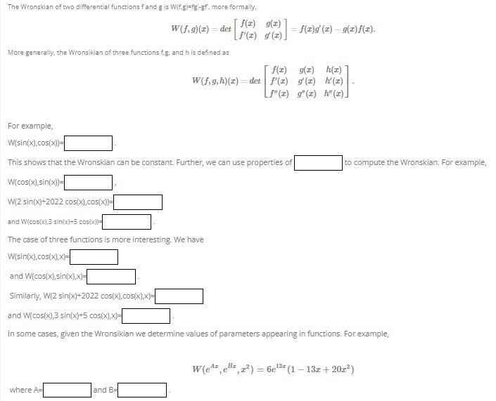 Solved The Wronskian of two differential functions f and g | Chegg.com