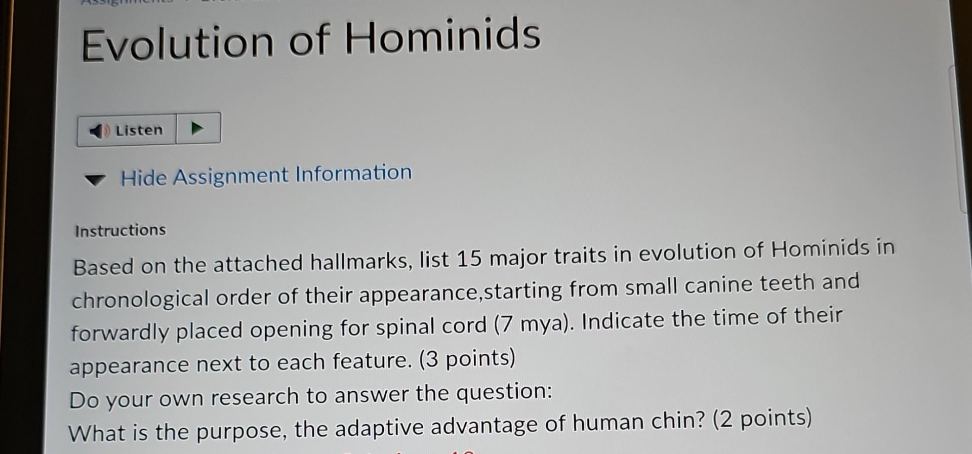 Solved Evolution of Hominids Hide Assignment Information | Chegg.com