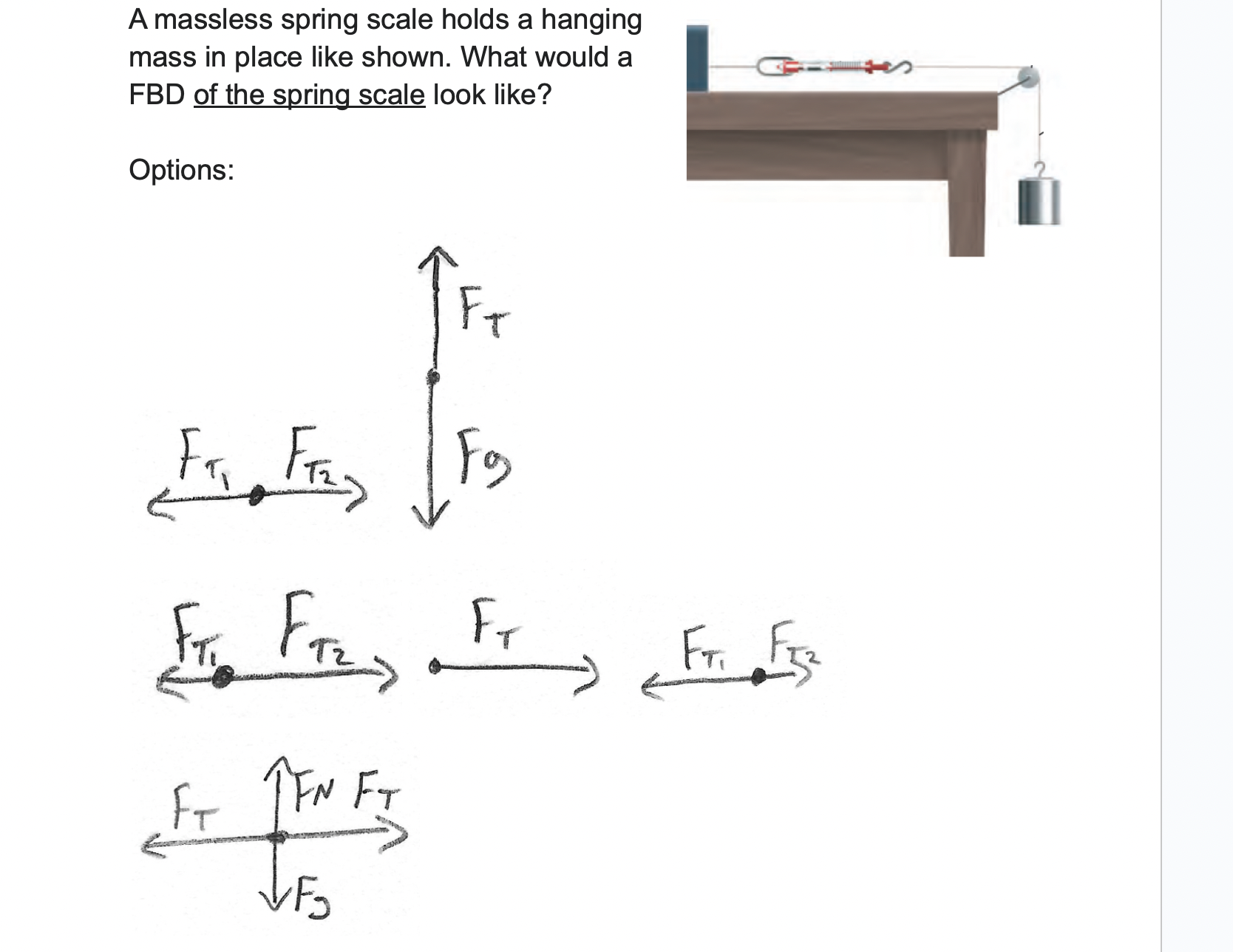 Solved A massless spring scale holds a hangingmass in place | Chegg.com