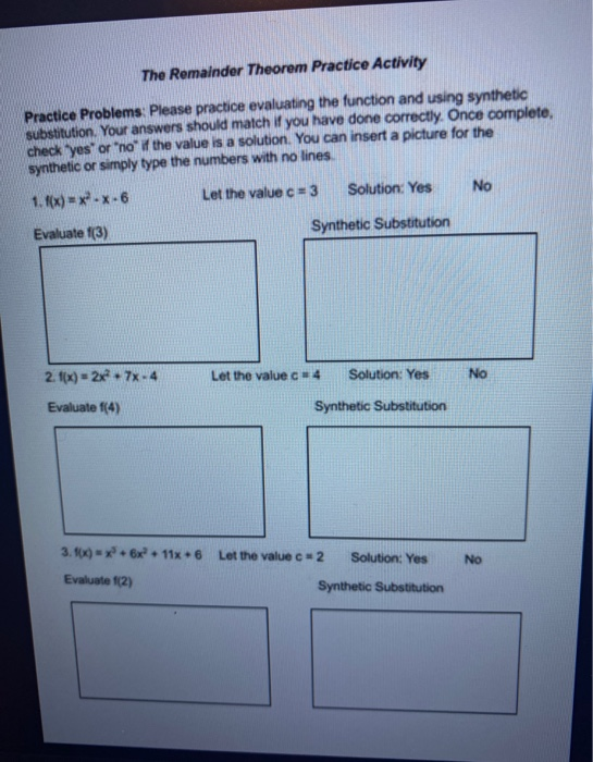 Solved The Remainder Theorem Practice Activity Practice | Chegg.com