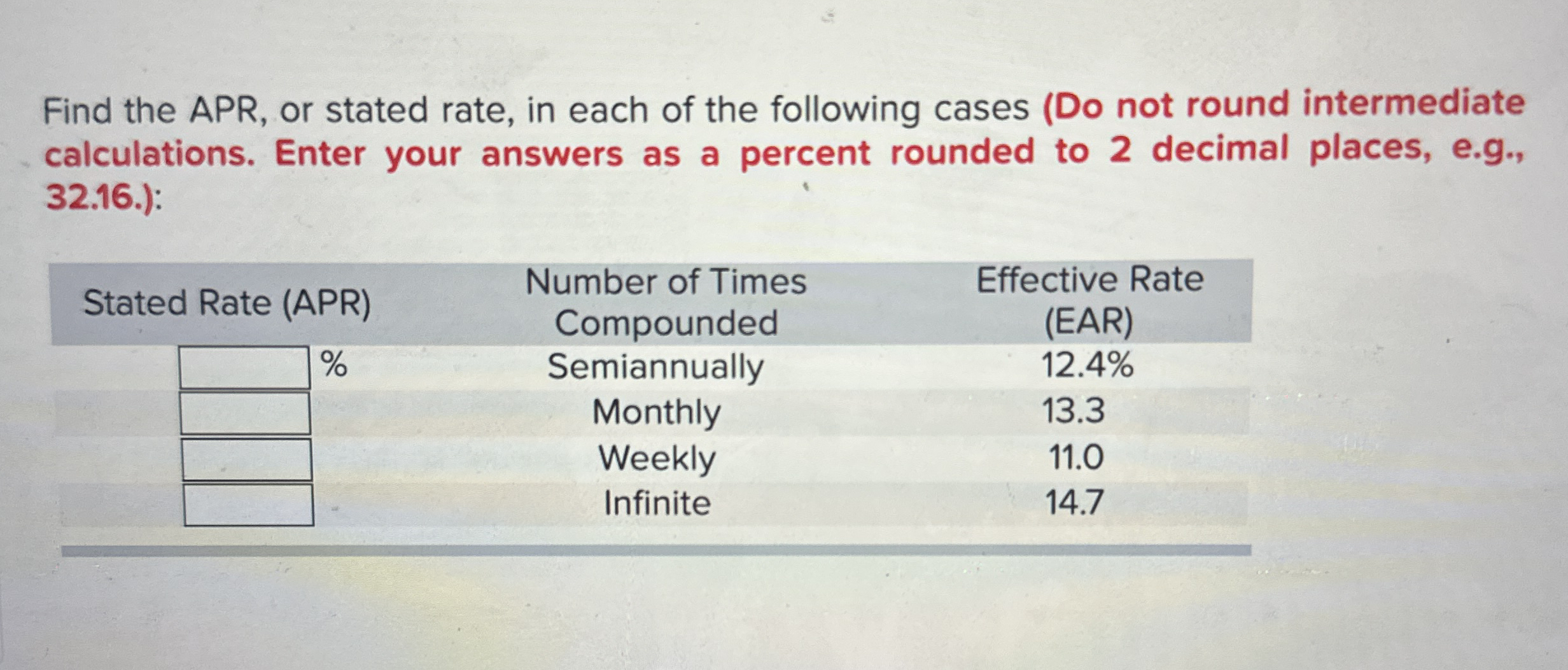 Solved Find the APR, or stated rate, in each of the | Chegg.com