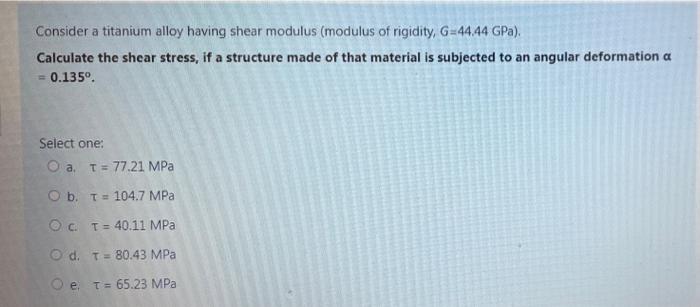 Solved Consider a titanium alloy having shear modulus | Chegg.com