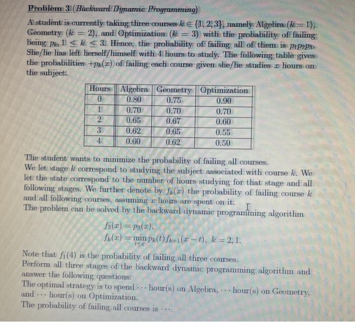 Problem 3 (Backward. Dynamic Programming) Al student | Chegg.com