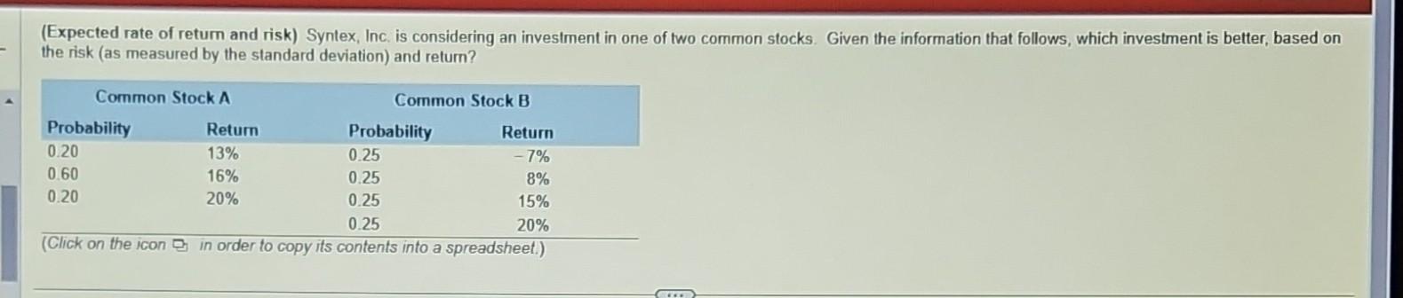 Solved (Expected rate of return and risk) Syntex, Inc. is | Chegg.com