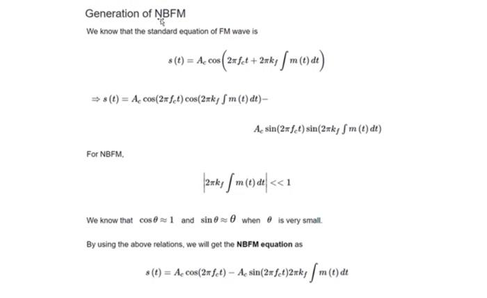 Solved Generation of NBFM We know that the standard equation | Chegg.com