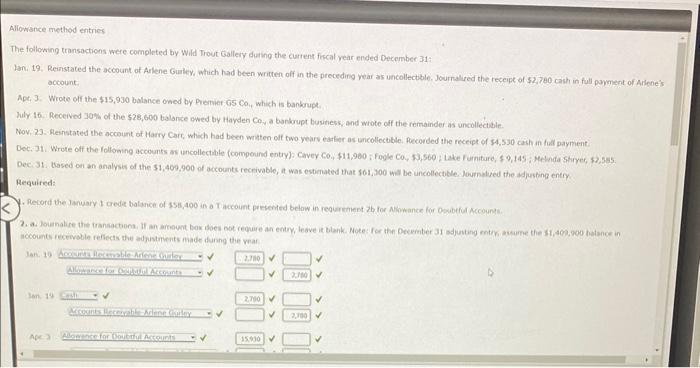 Solved Allowance method entries The following transactions | Chegg.com