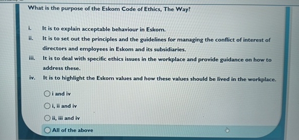 Solved What is the purpose of the Eskom Code of Ethics, The | Chegg.com